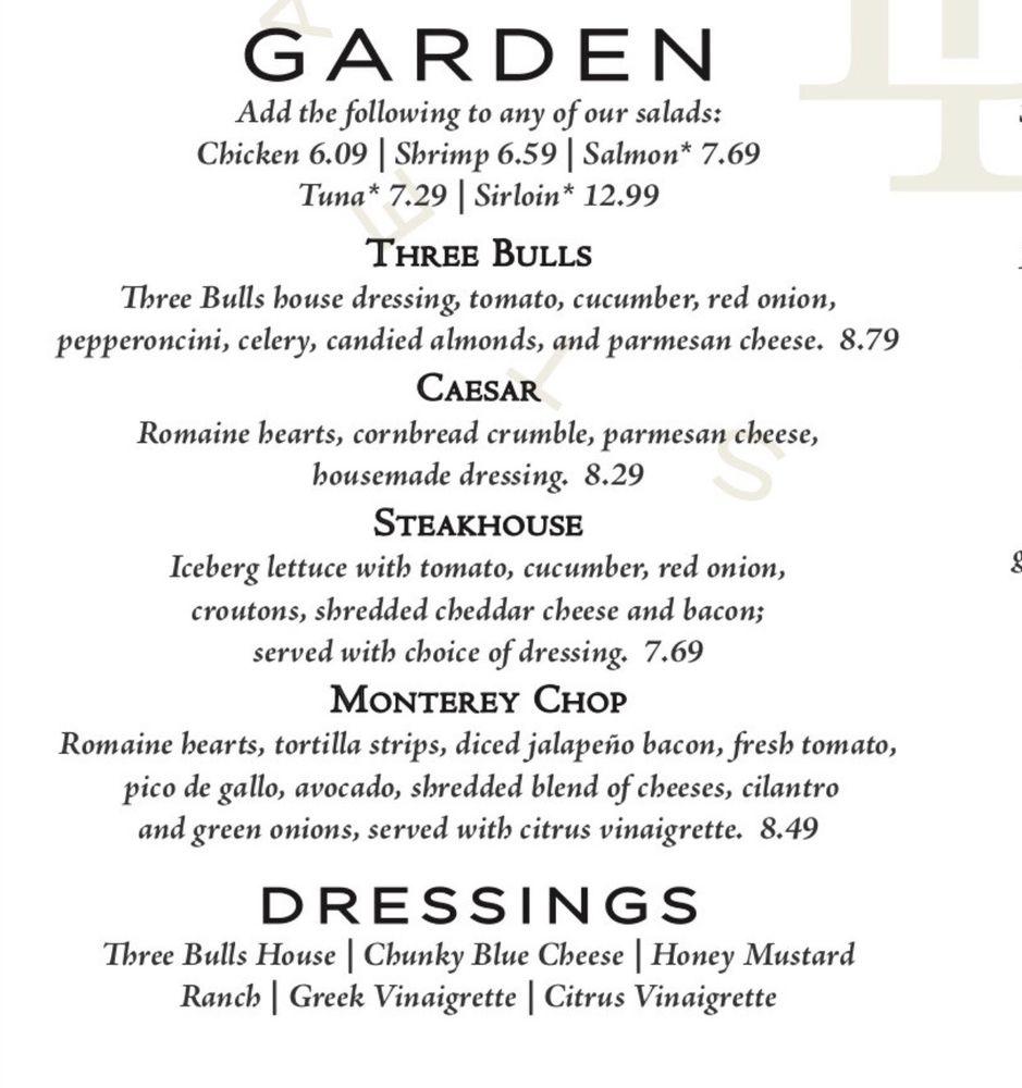 Menu at Three Bulls American Steakhouse, Clemmons