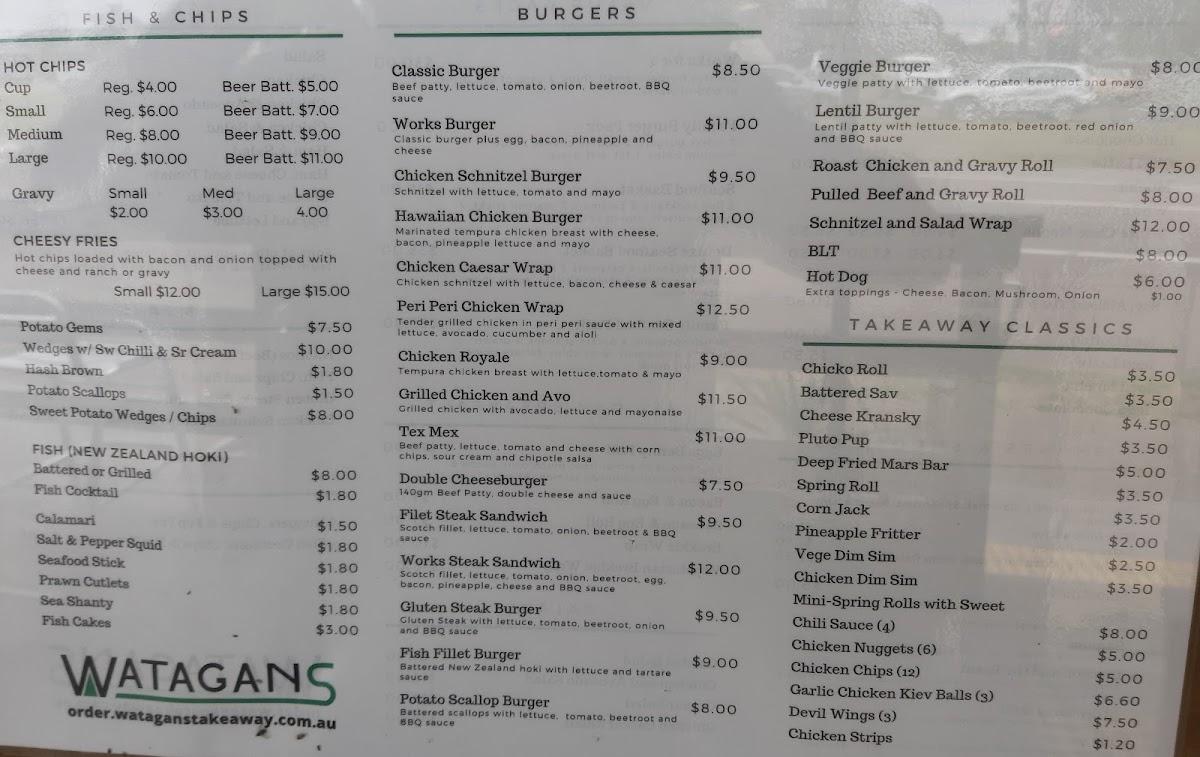 Menu at Watagans Takeaway restaurant, Cooranbong