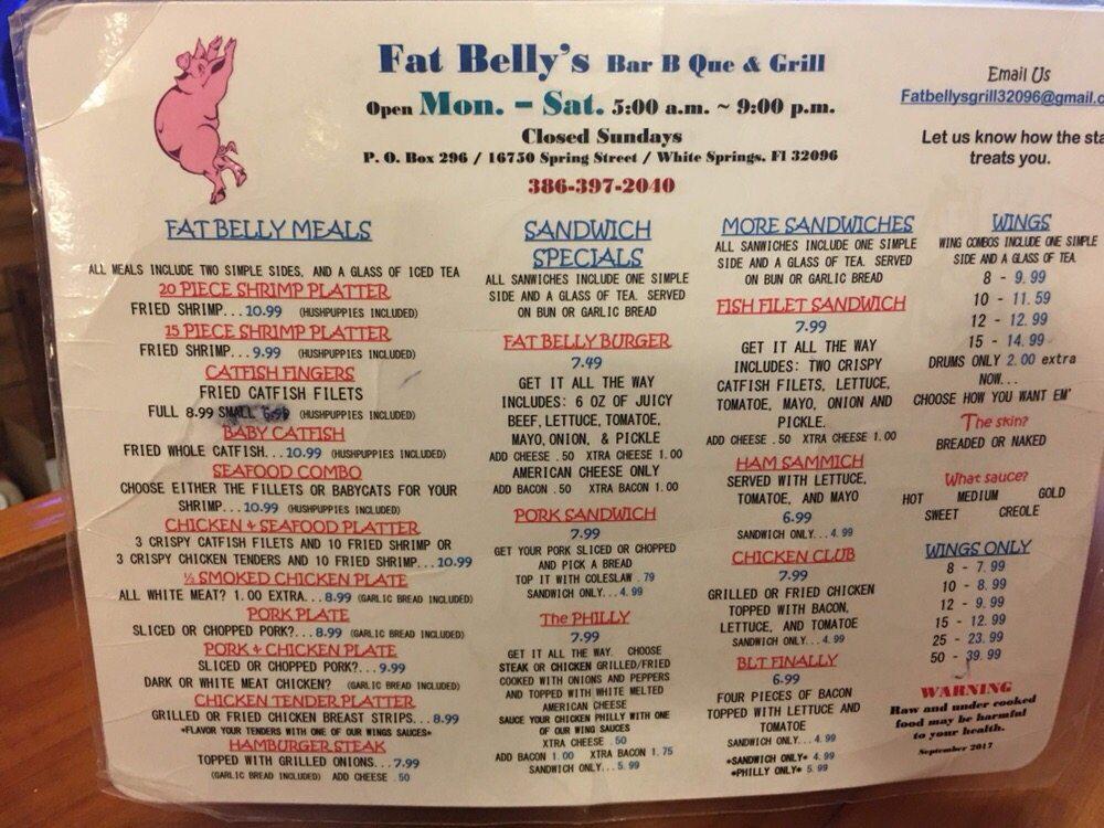 Menu at Fat Belly's BBQ, White Springs