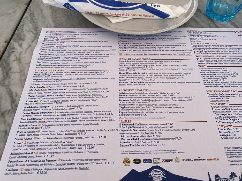 Menu at Gino Sorbillo Lievito Madre al Mare pizzeria, Naples