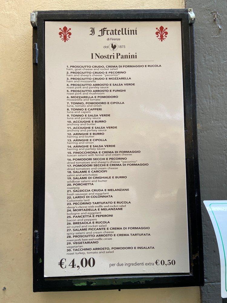 Menu at I Fratellini pub & bar, Florence