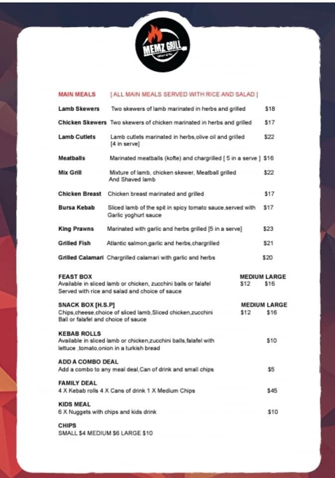 Menu at Memz Grill restaurant, Taylors Hill