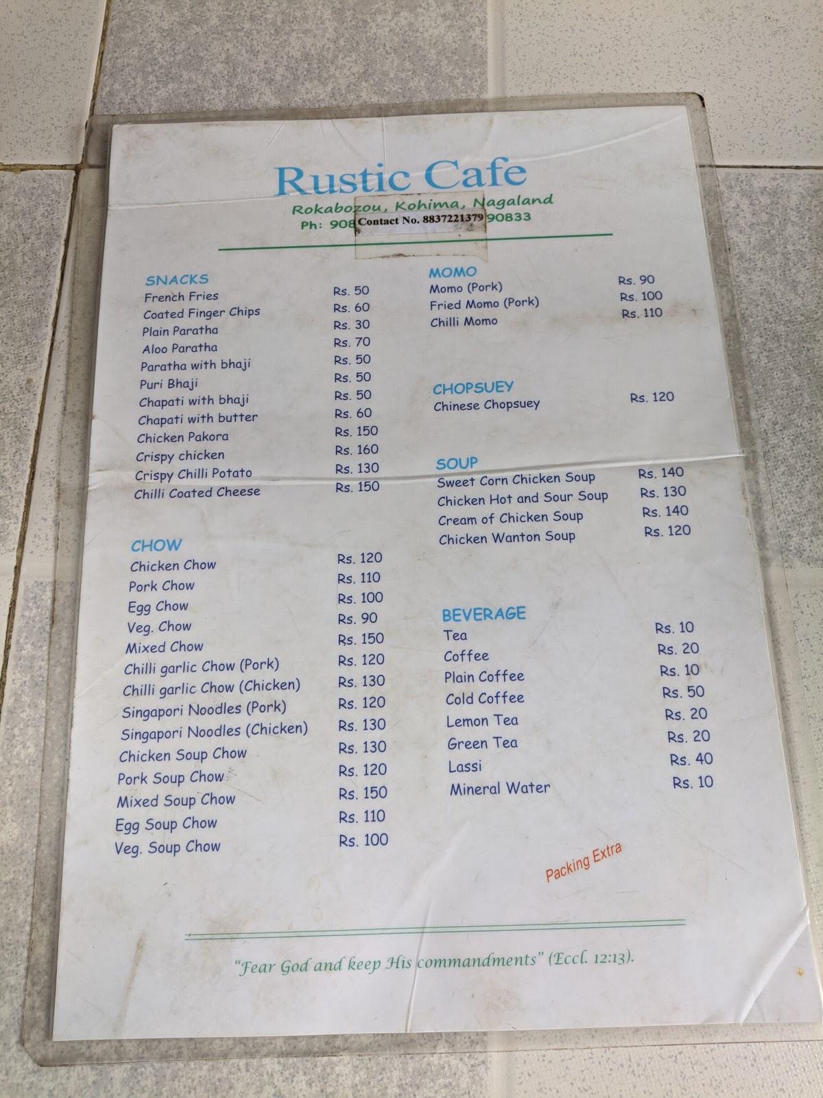 Menu at Rustic Cafe, Kohima, M4M4+7GX