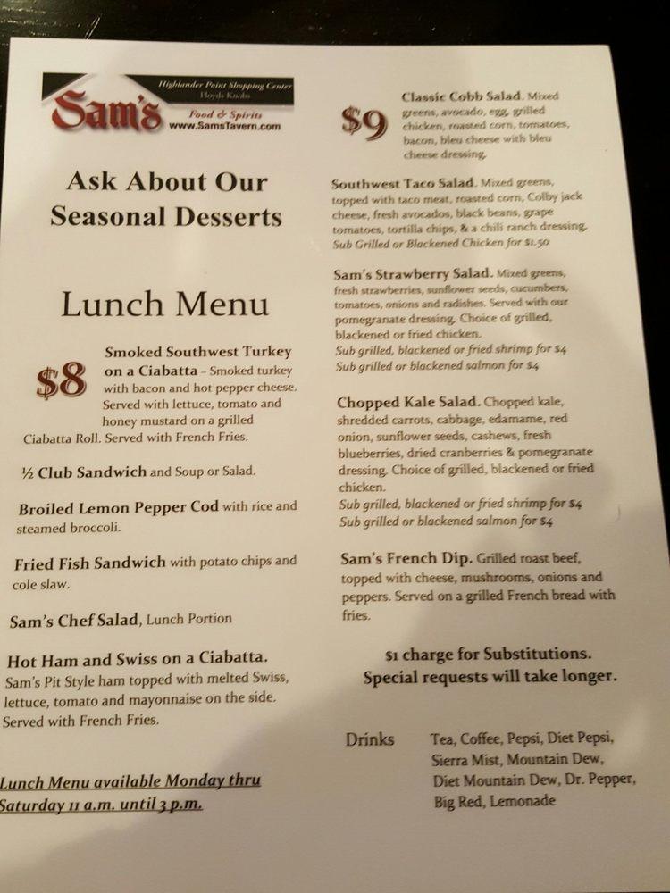 Menu at Sam's Food & Spirits pub & bar, Floyds Knobs, 702 Highlander ...
