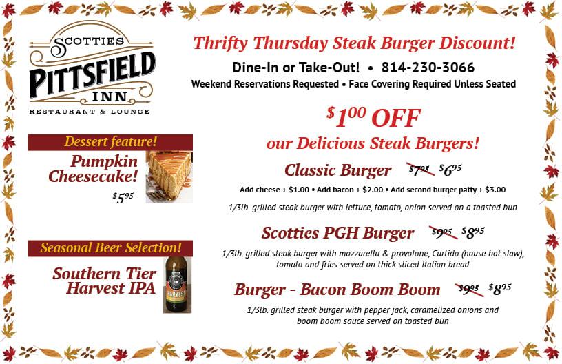Menu at Scotties Pittsfield Inn restaurant, USA