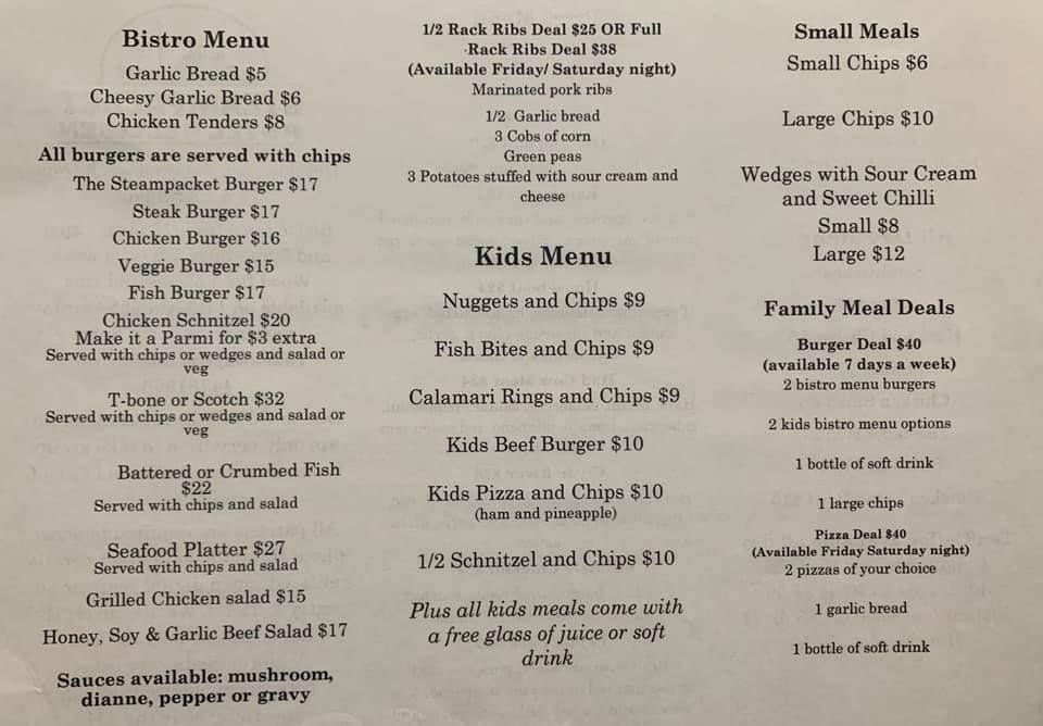 Menu at Steampacket Hotel Nelligen pub & bar, Nelligen