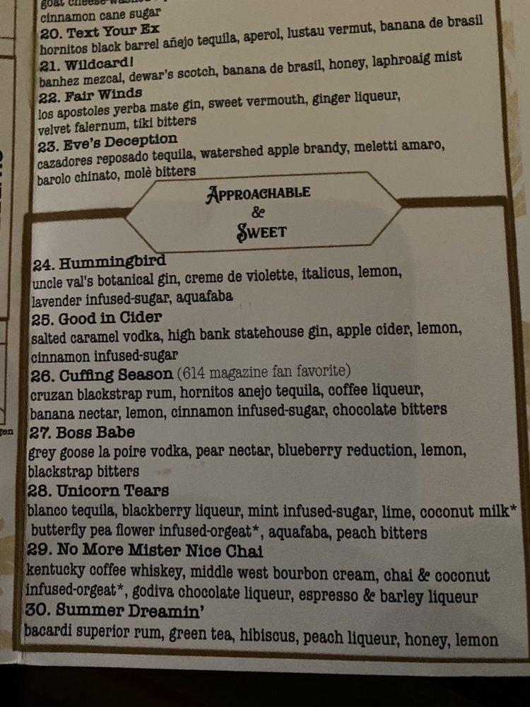 Menu at The Alibi Bourbon & Cocktail Lounge pub & bar, Columbus