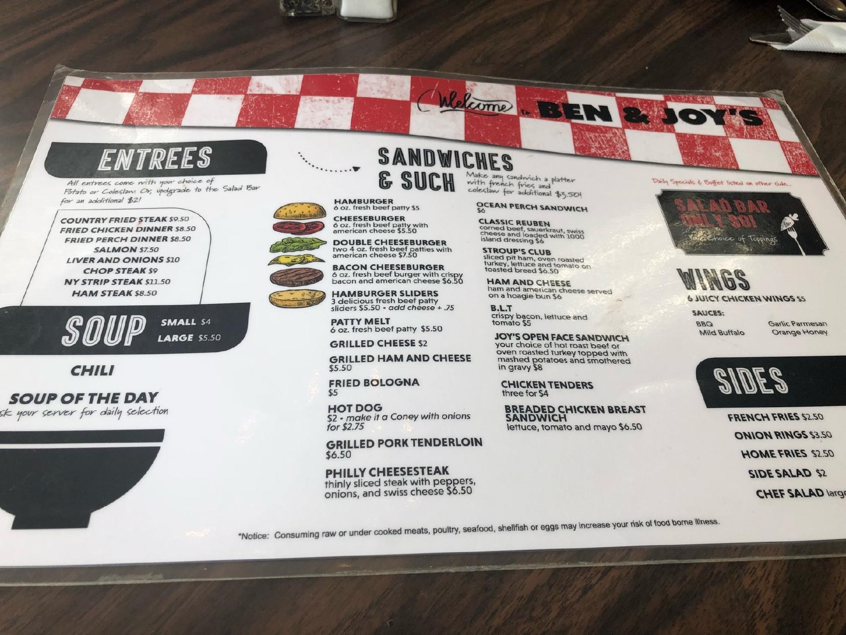 Menu at Ben & Joy's Restaurant, Mount Sterling