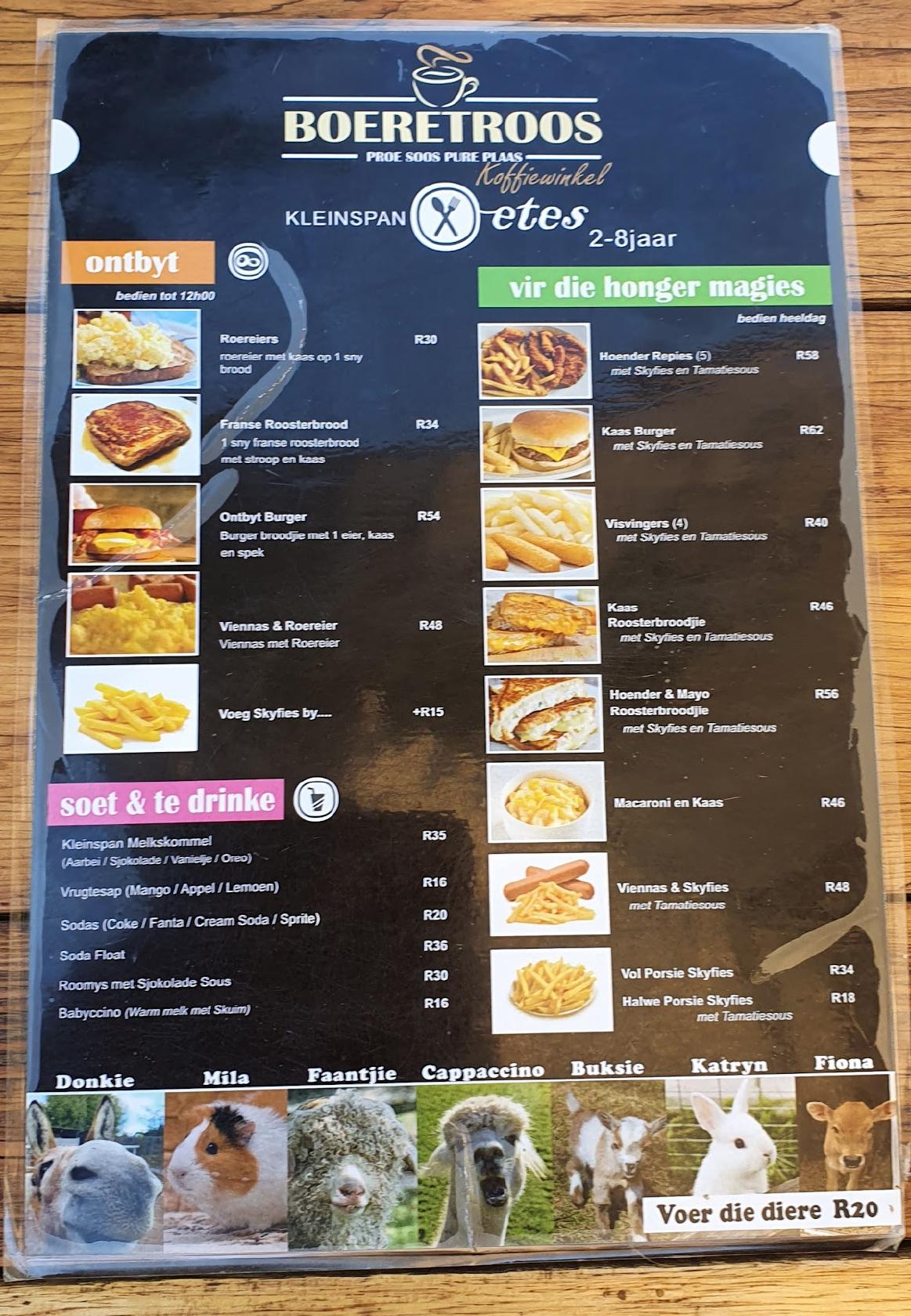 Menu at Boeretroos Koffiewinkel, Cape Town
