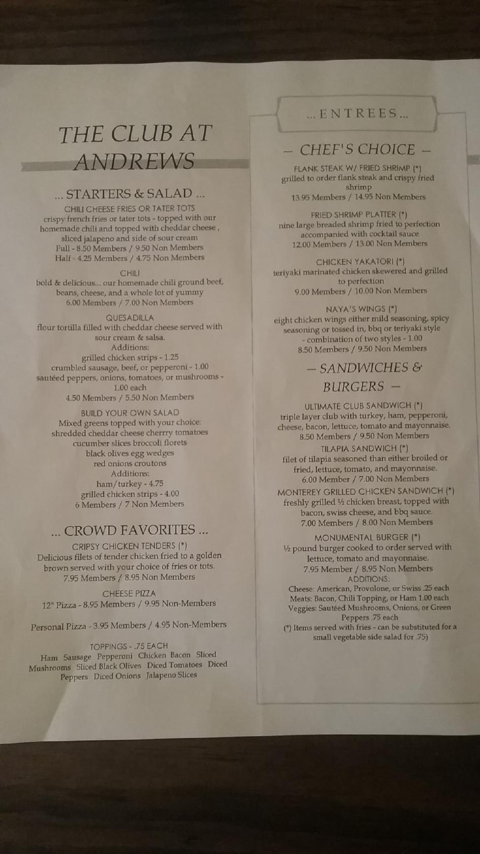 Menu at Club At Andrews, Joint Base Andrews