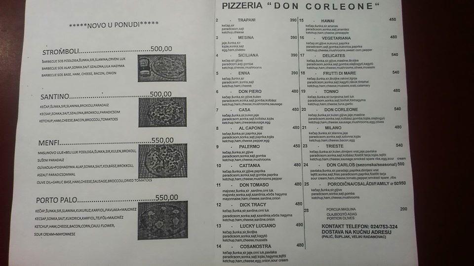 Menu at Corleone restaurant, Palić