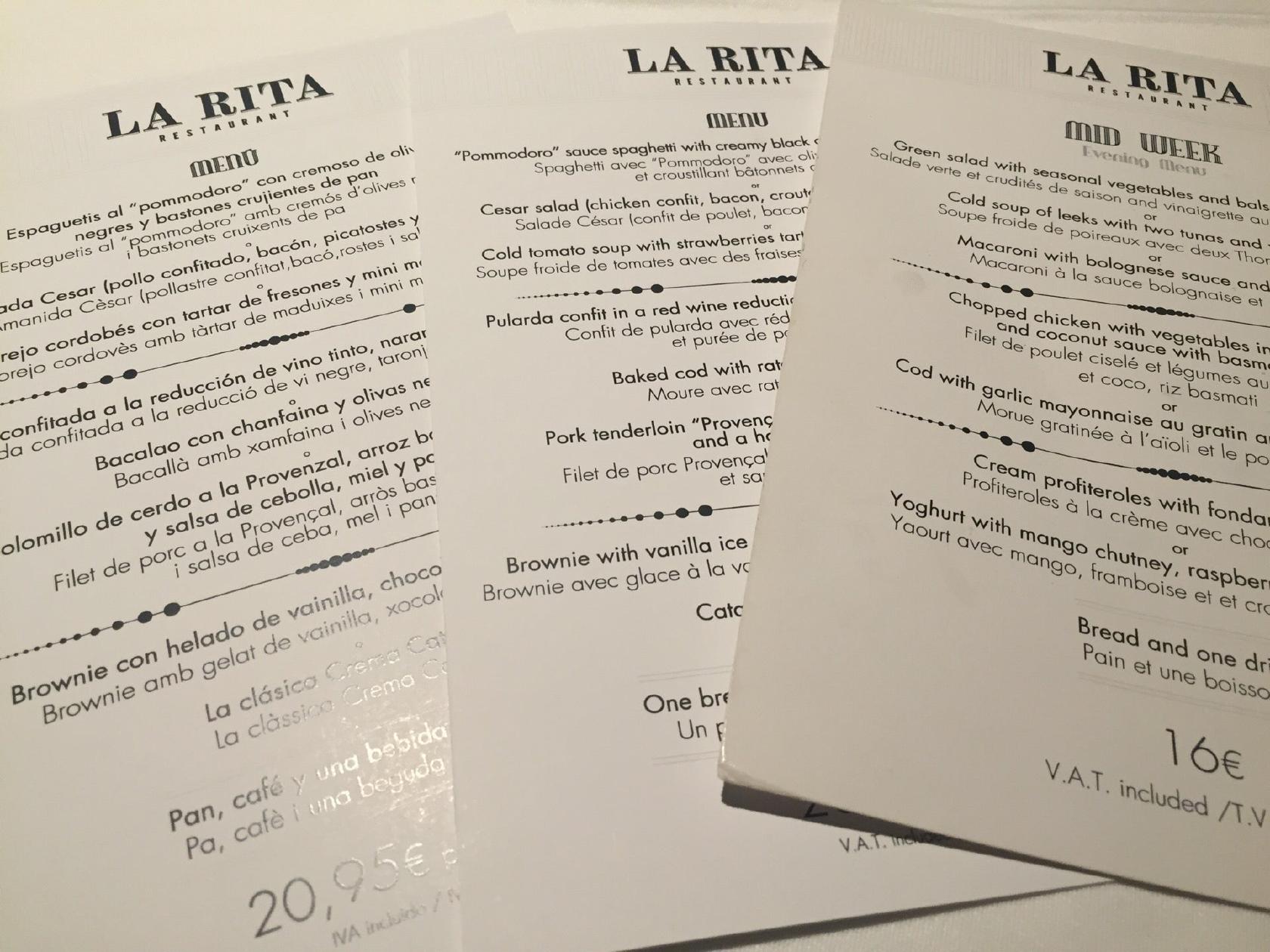 Menu at La Rita restaurant, Barcelona
