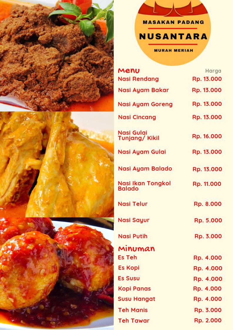Menu at Masakan Padang Nusantara restaurant, Tegal