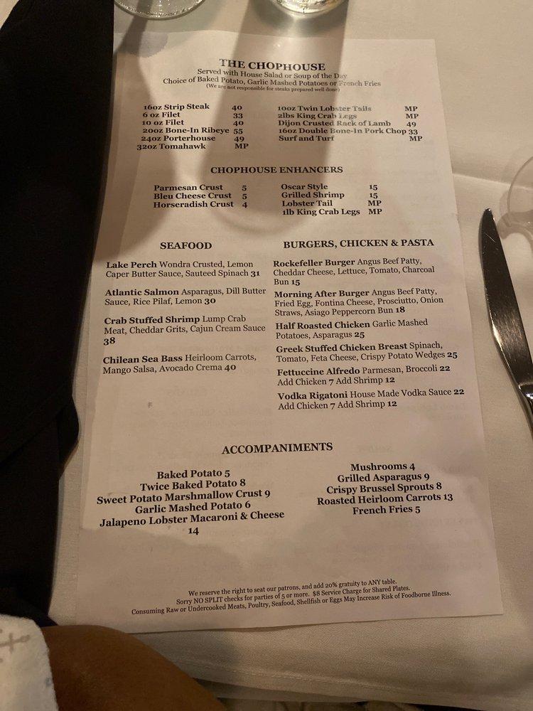 Menu at Rockefeller's steakhouse, Oak Lawn