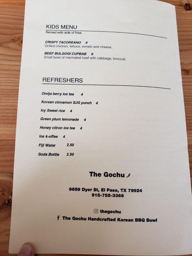 Menu at The Gochu Handcrafted Korean BBQ Bowl, El Paso