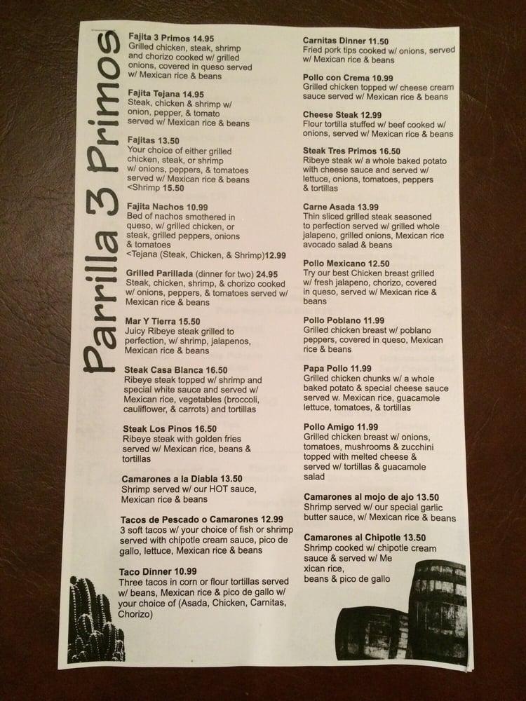 Menu at Tres Primos Mexican Restaurant, Elbridge