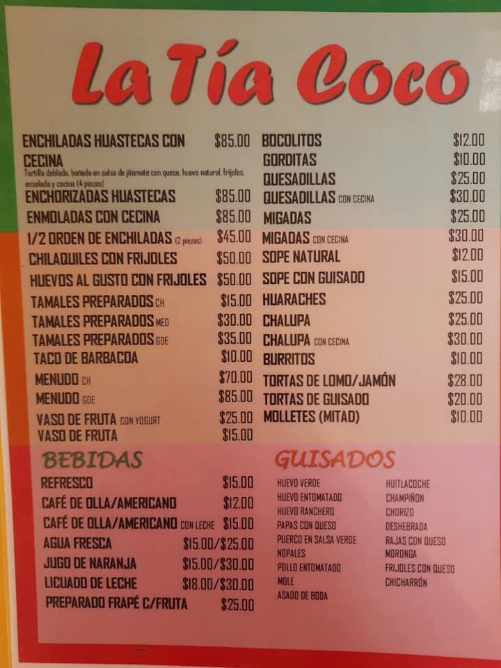 Carta del restaurante Cocina Huasteca La Tia Coco, Soledad del Graciano ...