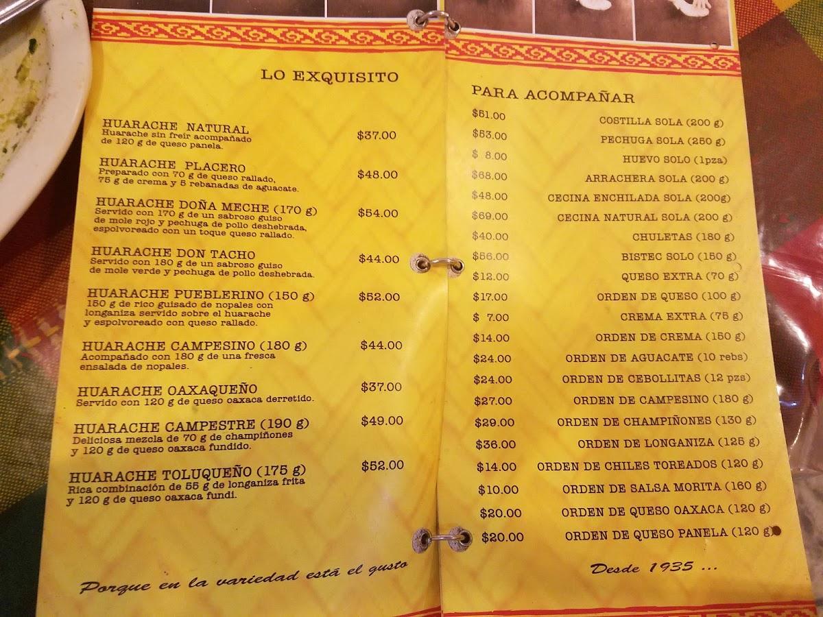Menu at El Huarache Azteca restaurant, Mexico City, Torno 154 esq