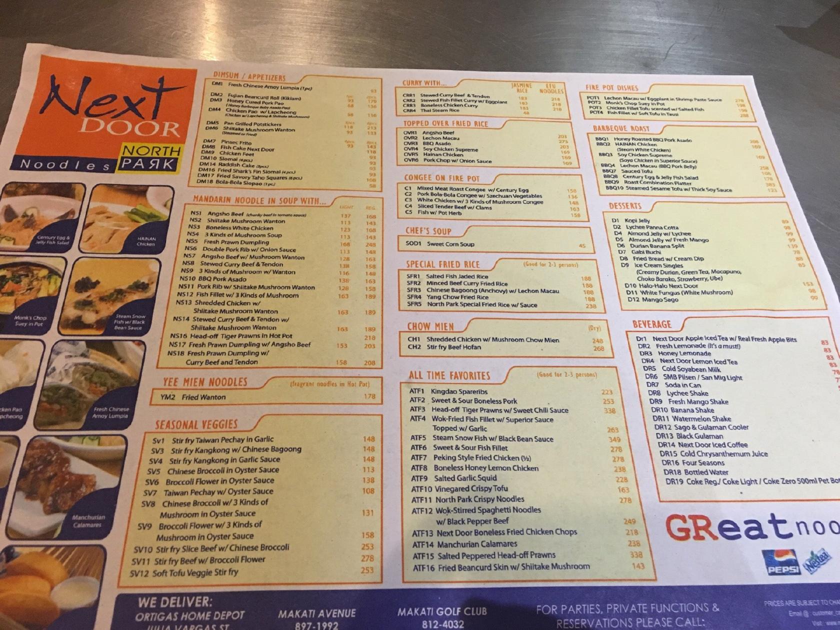 Menu at Next Door Noodles by North Park fast food, Makati, Makati Ave