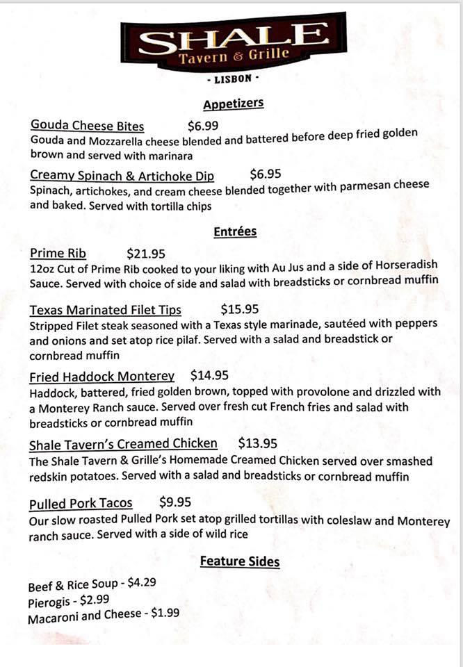 Menu at Shale Tavern & Grille restaurant, Lisbon