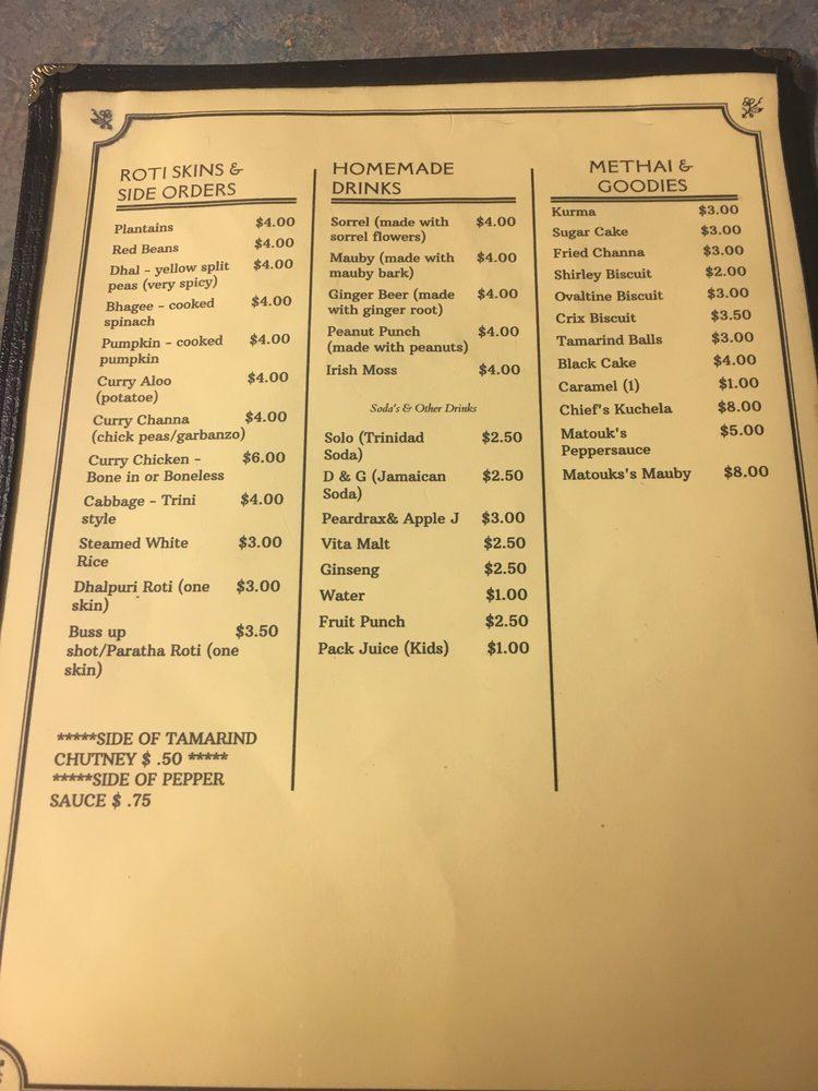 Menu at Tara's Roti Shop restaurant, Tampa