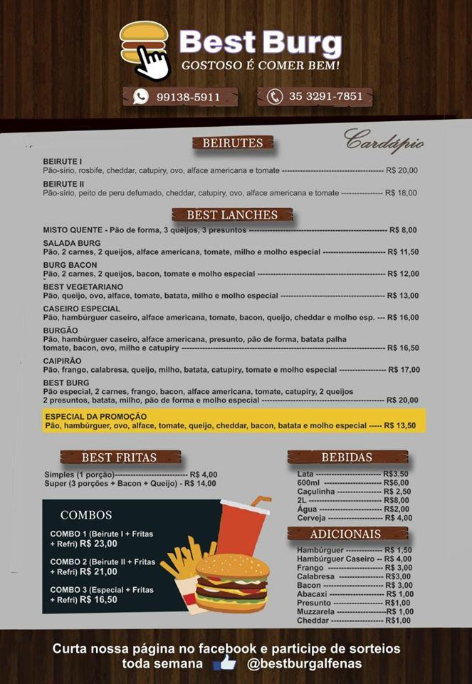 Menu at Best Burg cafeteria, Alfenas