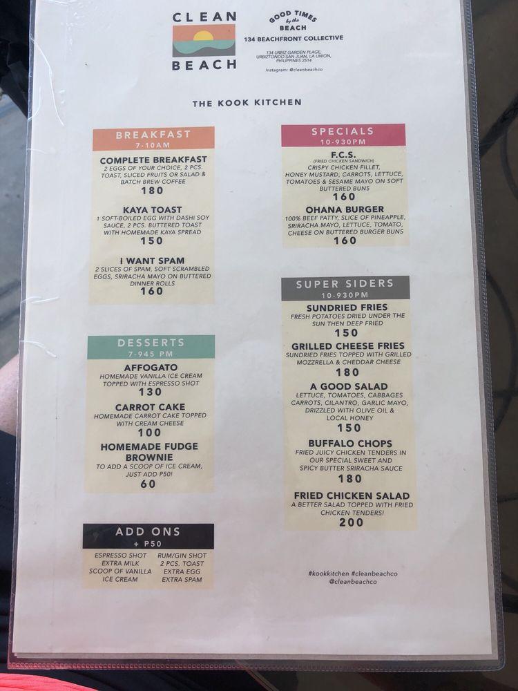 Menu at Clean Beach Coffee cafe, San Juan