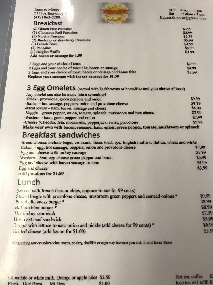 Menu at Eggs & Moore restaurant, Pittsburgh