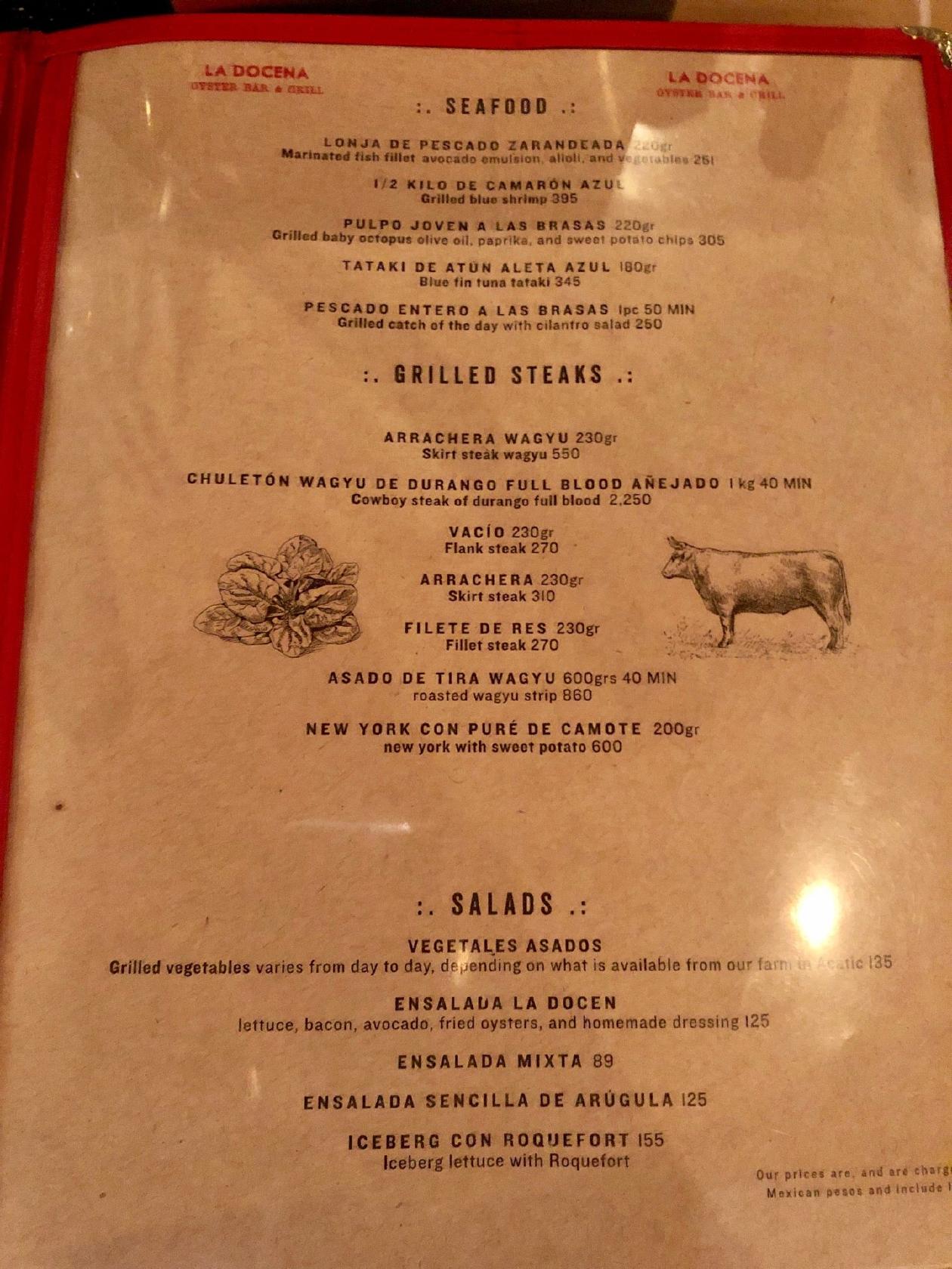 Menu at La Docena restaurant, Ciudad López Mateos, Av. Álvaro Obregón 31