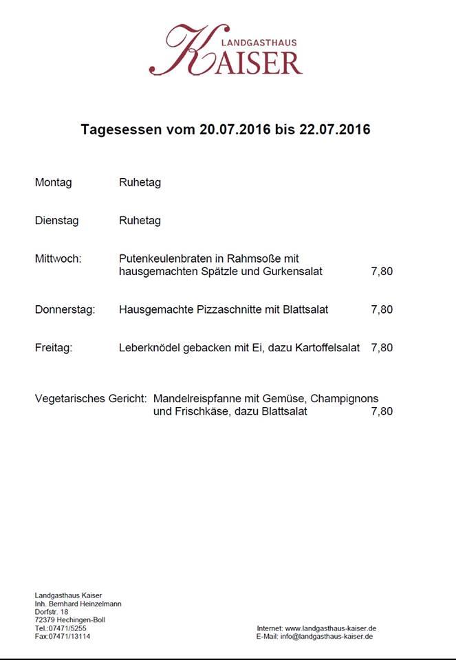 Menu at Kaiser Boll restaurant, Hechingen