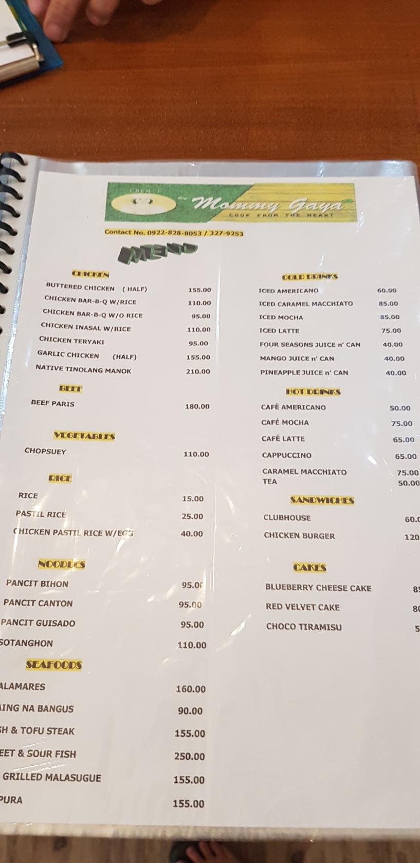 Menu at Momi Gaya Bakery and Restaurant, Davao City