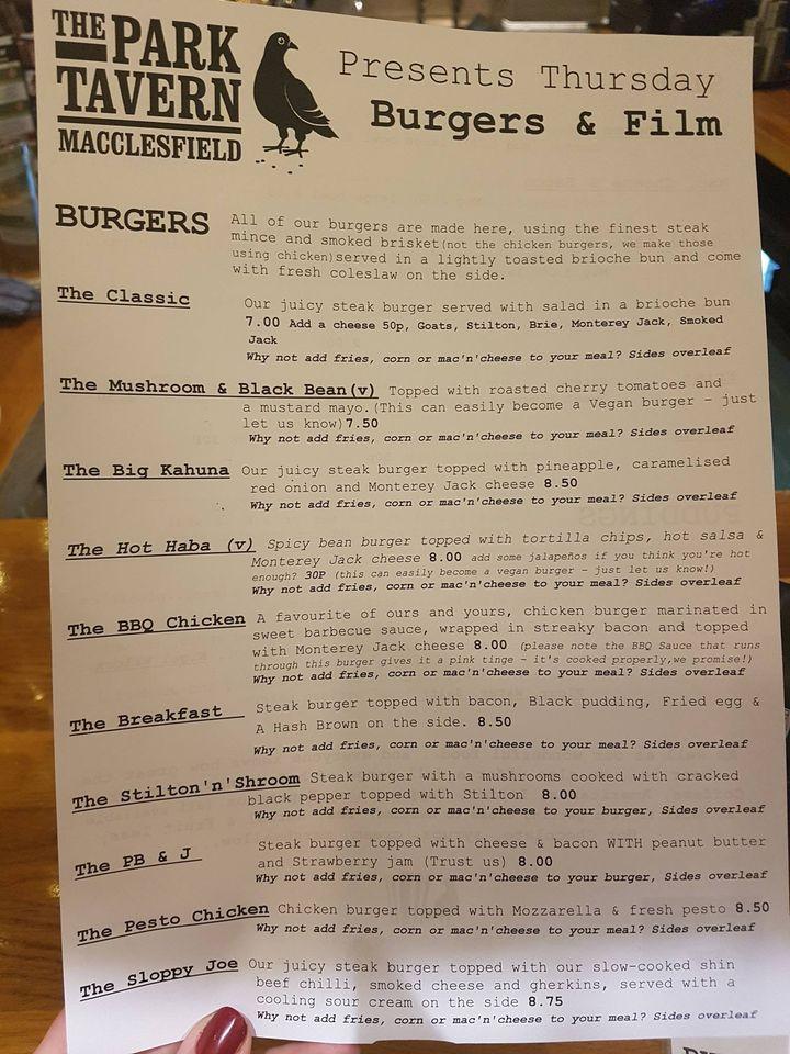 Menu at The Park Tavern pub & bar, Macclesfield