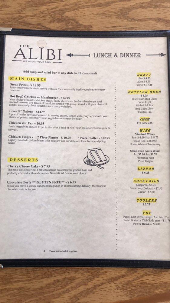 Menu at The Alibi Restaurant, Iroquois