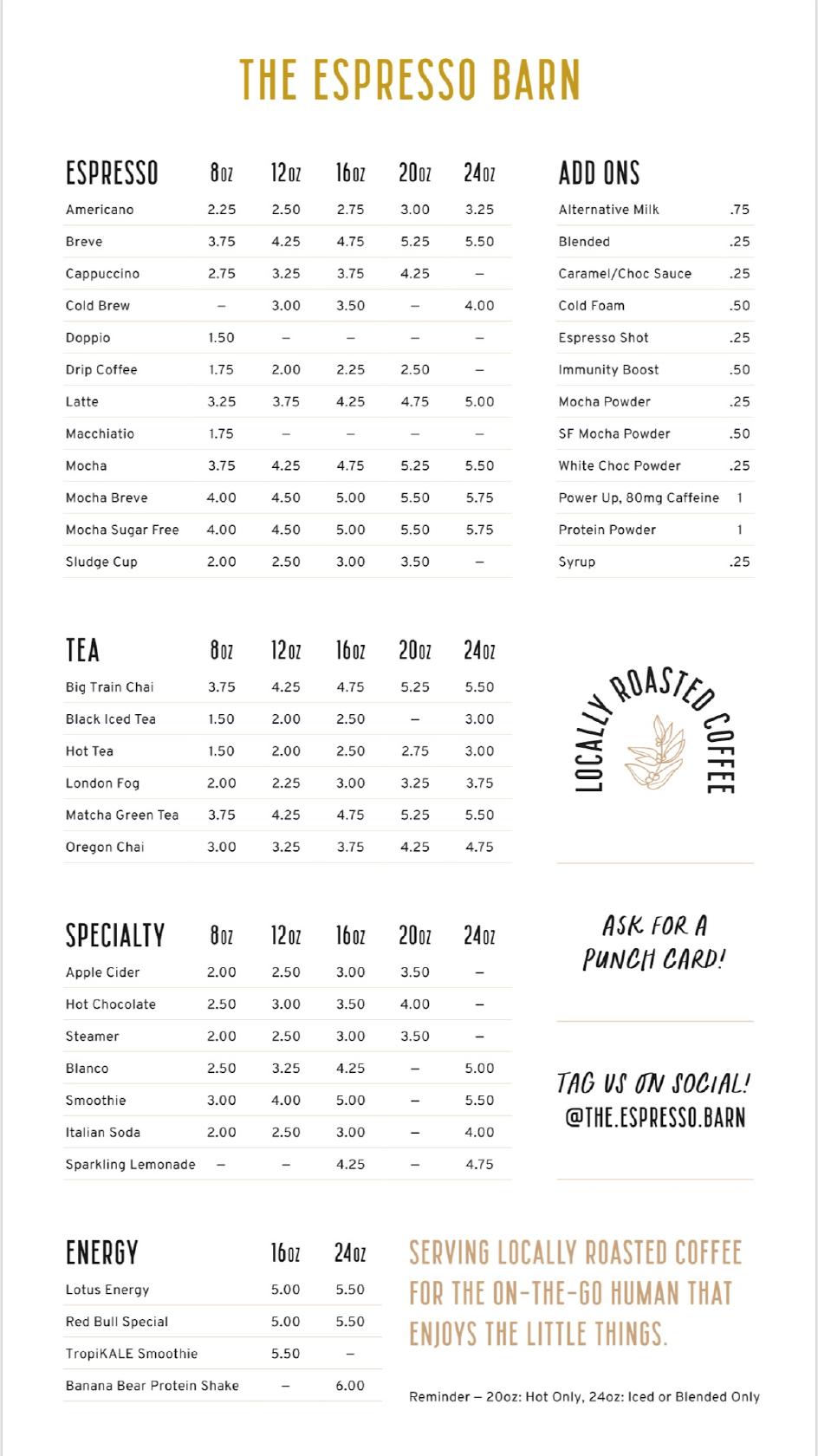 Carta de The Espresso Barn, Kenai