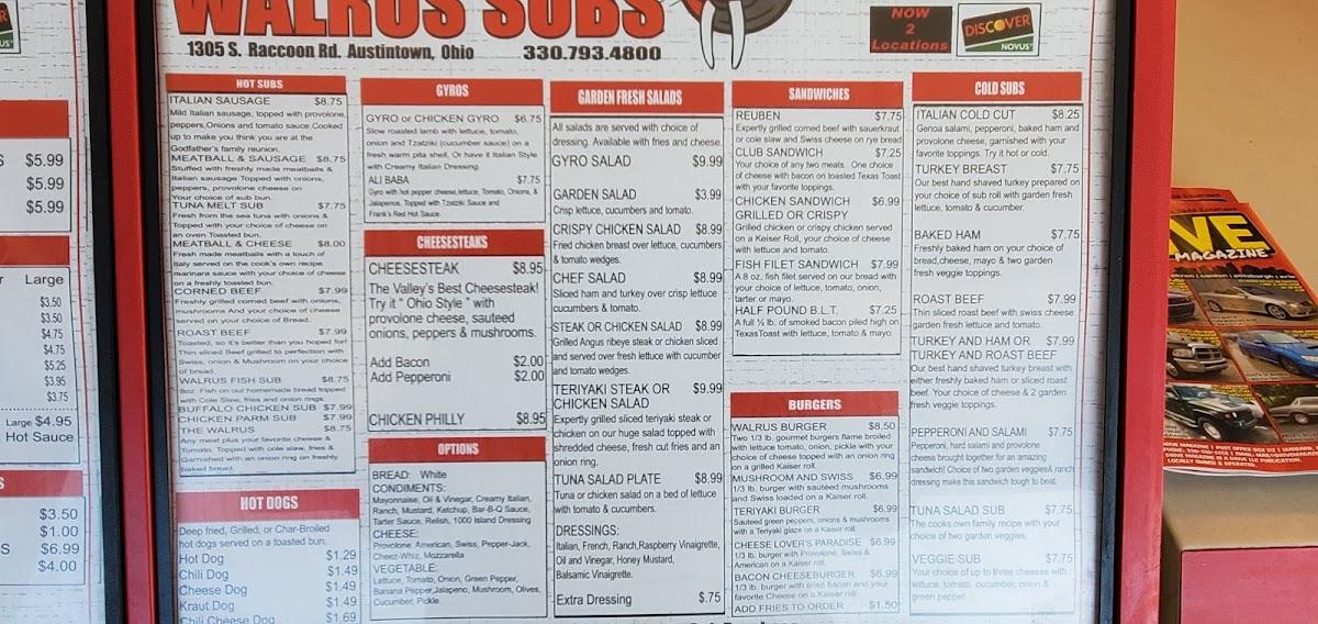 Menu at Walrus Subs restaurant, Youngstown