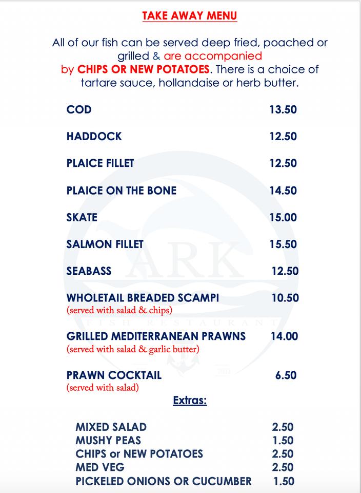 Menu at Ark Fish Restaurant, London