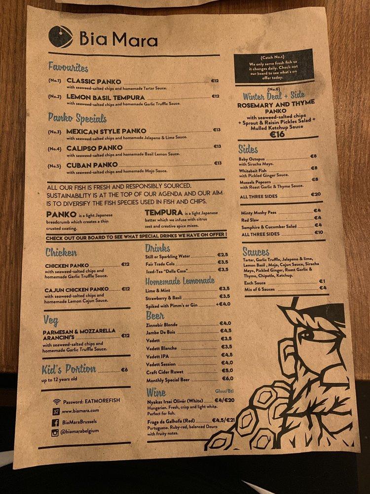 Menu at Bia Mara, Brussels, Rue du Marché aux Poulets 41