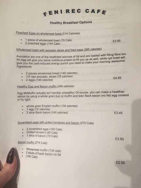Menu at Feni Rec Cafe, Blackburn