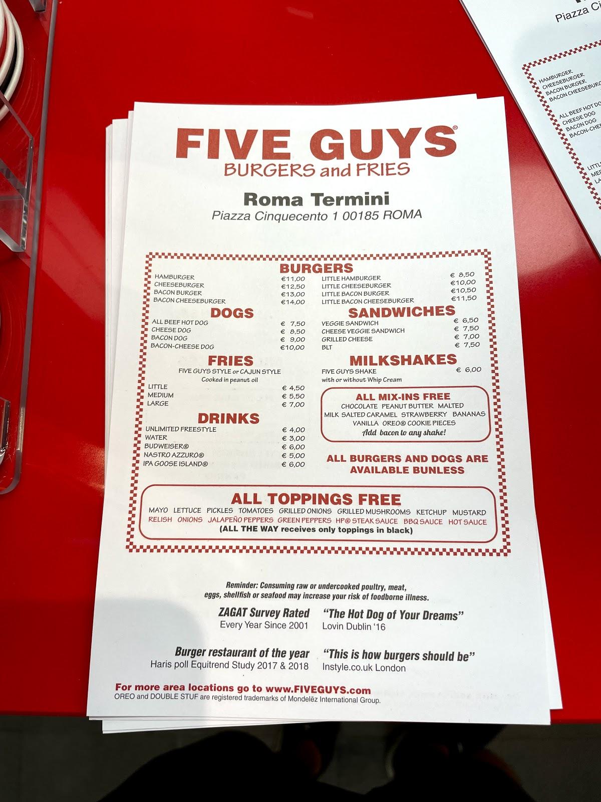 Speisekarte von Five Guys restaurant, ROM, Roma Termini