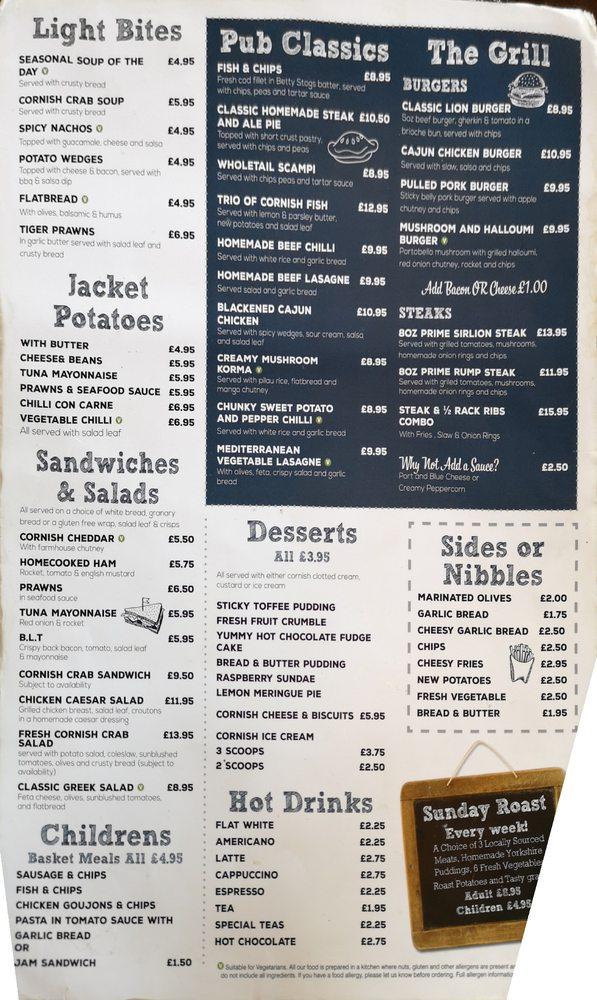 Menu at Golden Lion pub & bar, Saint Ives
