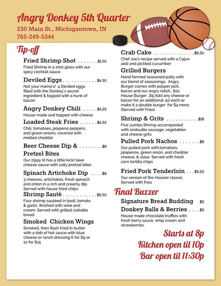 Menu at Angry Donkey pub & bar, Michigantown