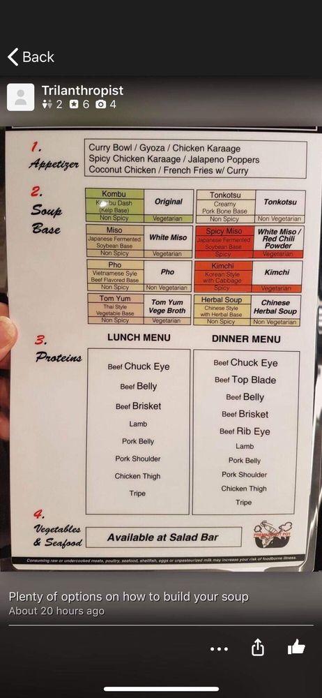 Menu at Boiling World restaurant, Ontario