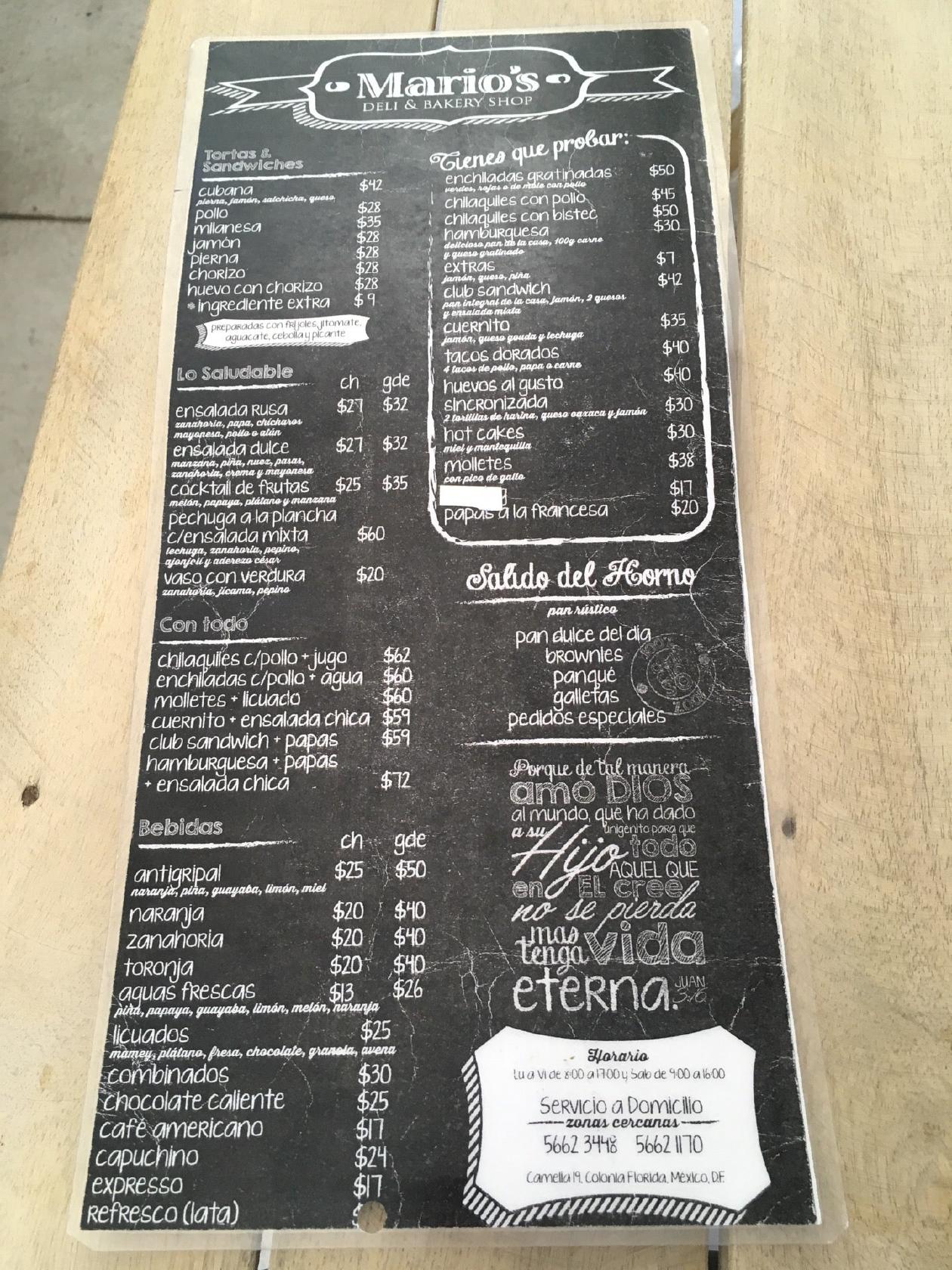 Carta de Mario's Deli & Bakery Shop, Ciudad de México
