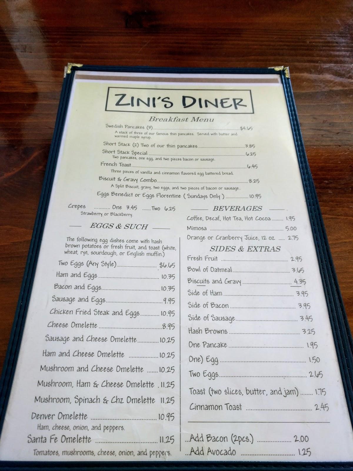 Menu at Zini's Diner restaurant, Cloverdale, 796 S Cloverdale Blvd