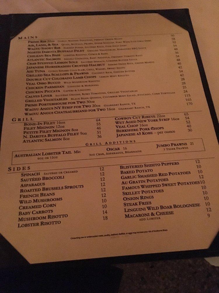 Menu at Al Biernat's steakhouse, Dallas