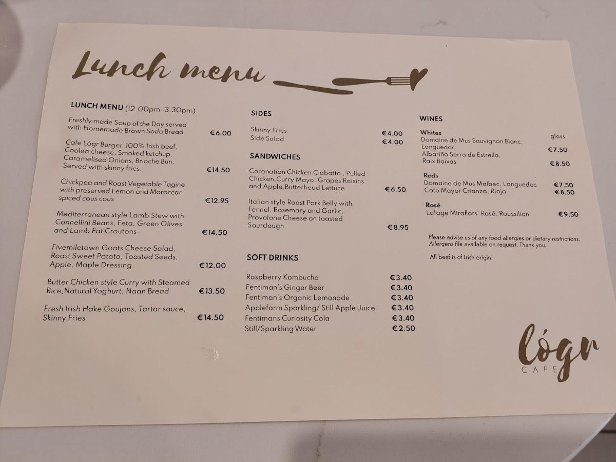Menu at Café Lógr restaurant, Adare