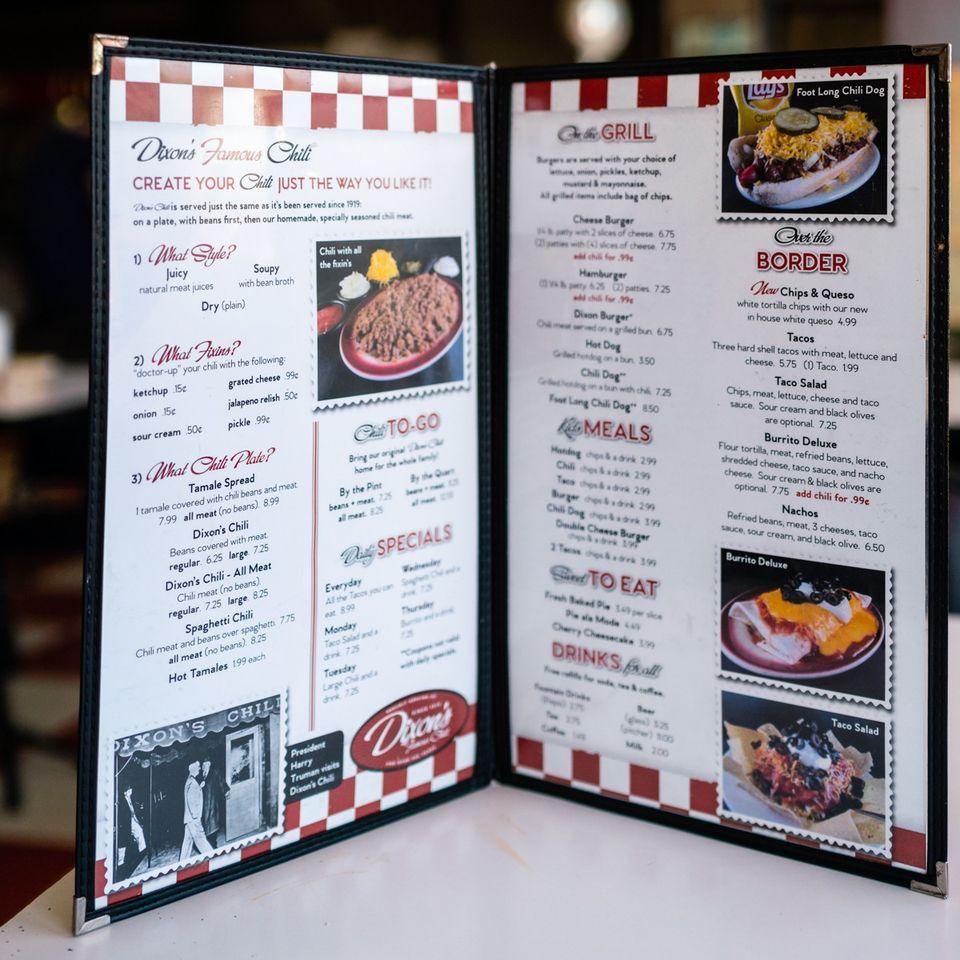 Menu at Dixon's Famous Chili Parlor restaurant, Independence