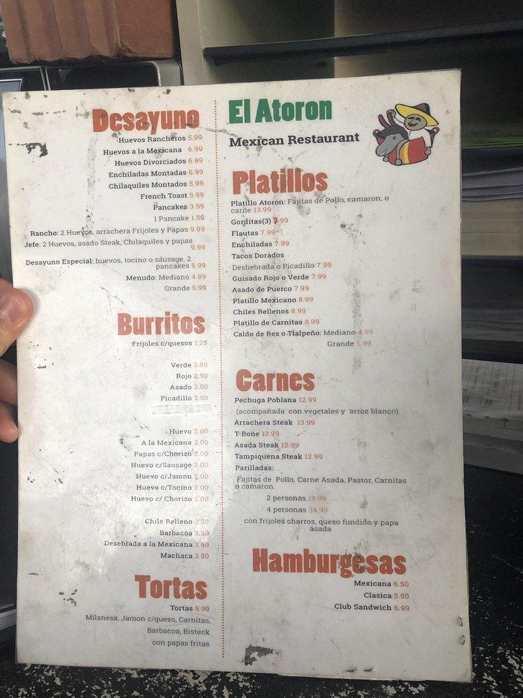 Menu at El Atoron restaurant, Clint, Alameda Ave