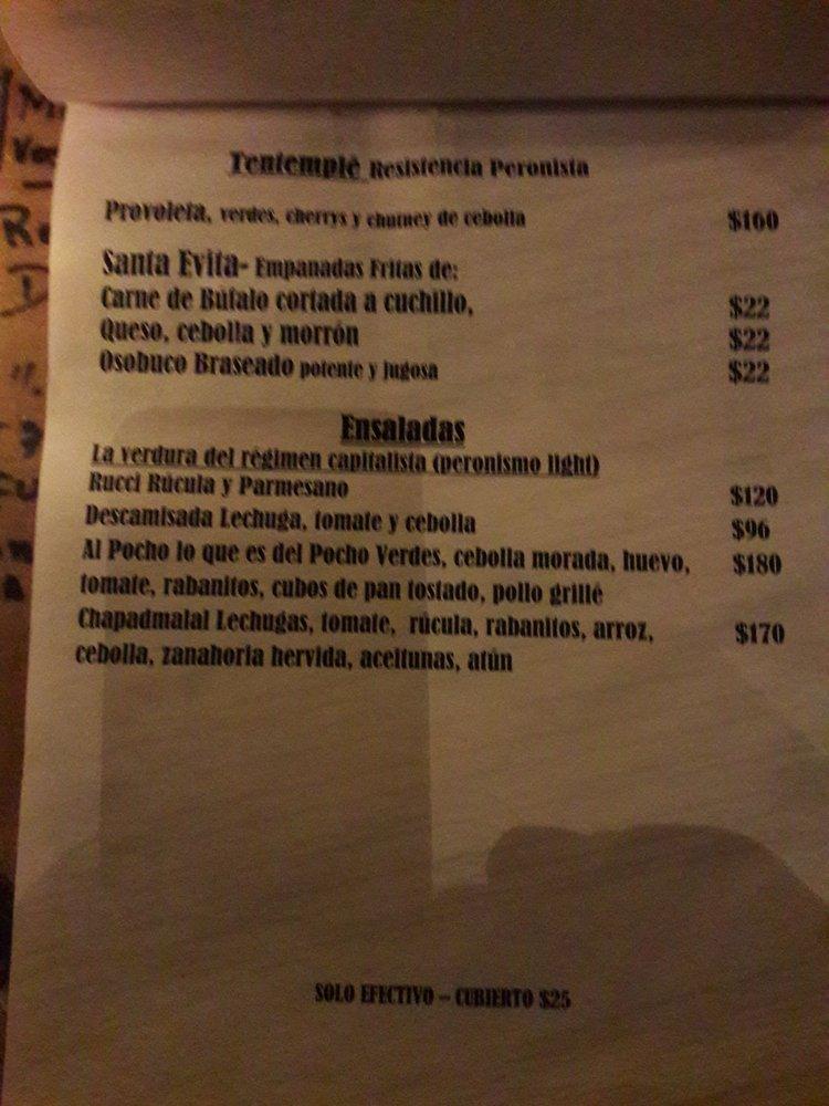 Menu at Perón Perón RestoBar, Buenos Aires