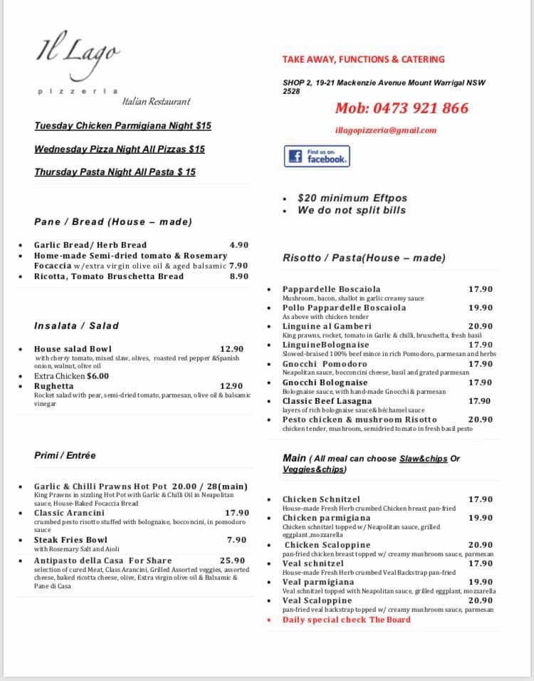 Menu at il lago pizzeria, Mount Warrigal